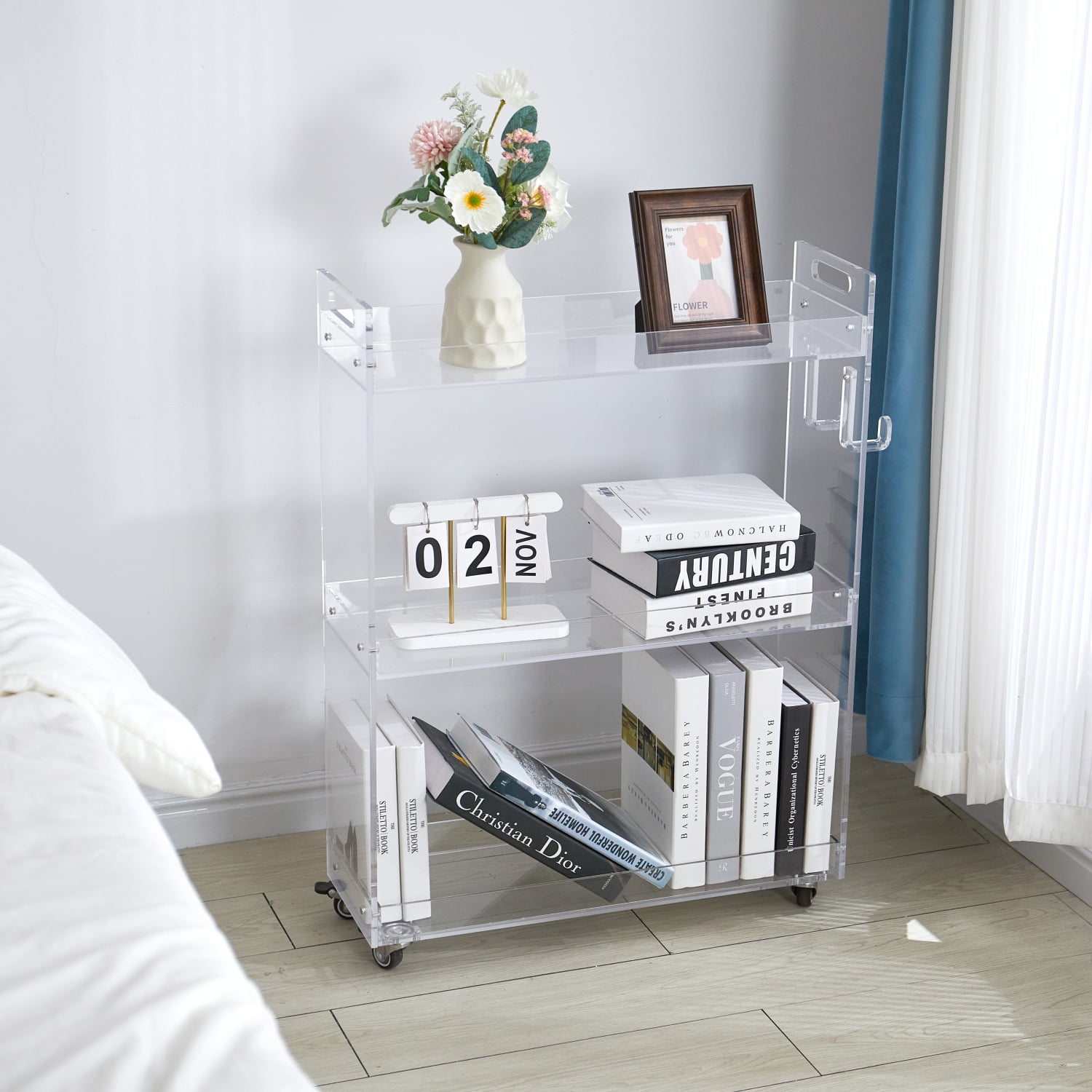 Acrylic Rolling Side Table - 3 Tiers End Table with Lockable Wheels ...