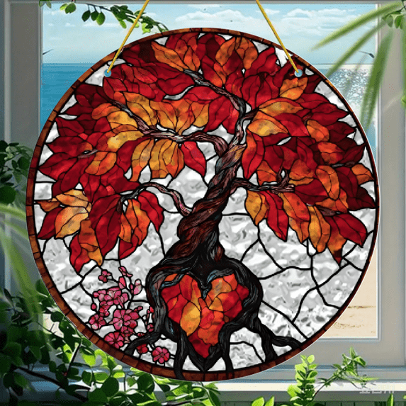 Acrylic Round Hanging Ornament 10x10 Inch, Autumn Tree Heart Stained ...