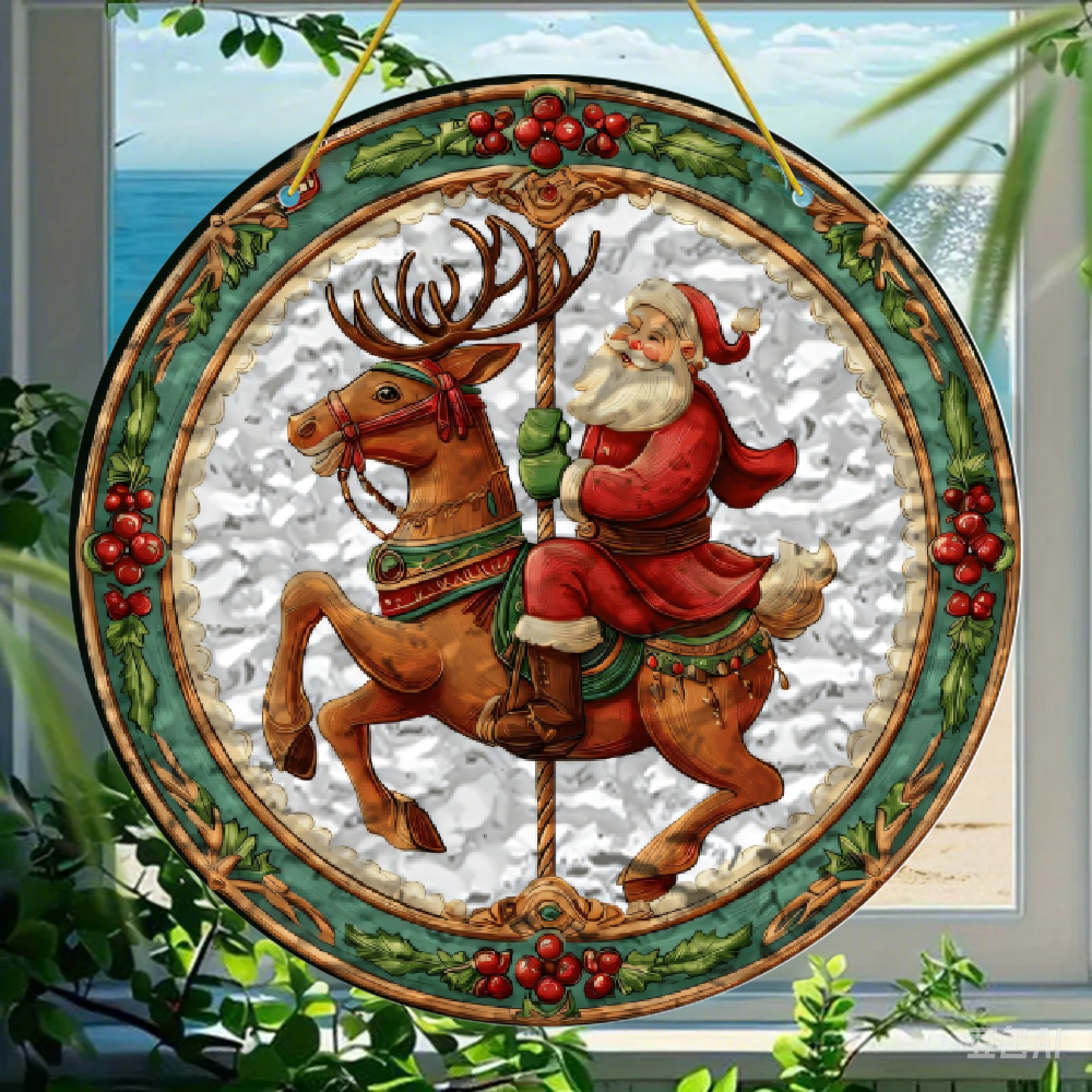 Acrylic Round Hanging Ornament 6x6 Inch Santa Riding Carousel Horse ...