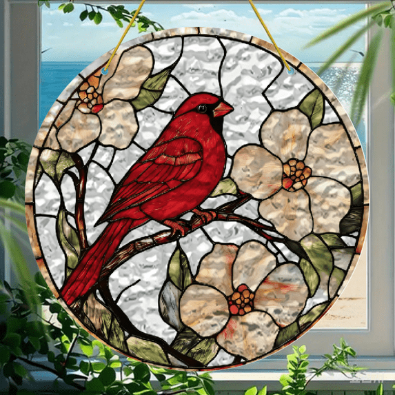 Acrylic Round Hanging Ornament 8 Inch Cardinal and Dogwood Floral ...