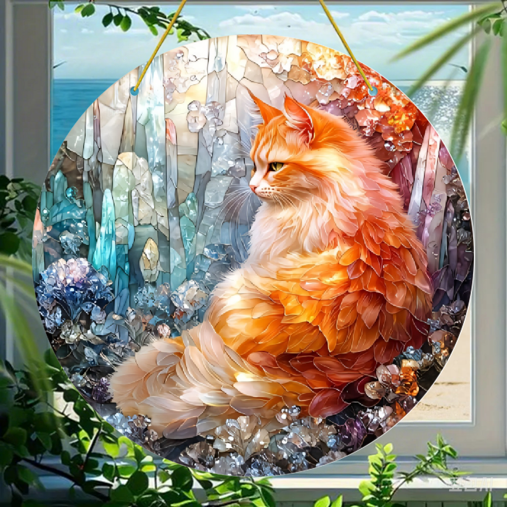 Acrylic Round Hanging Ornament 8 Inch, Orange Tabby Cat with Crystal ...