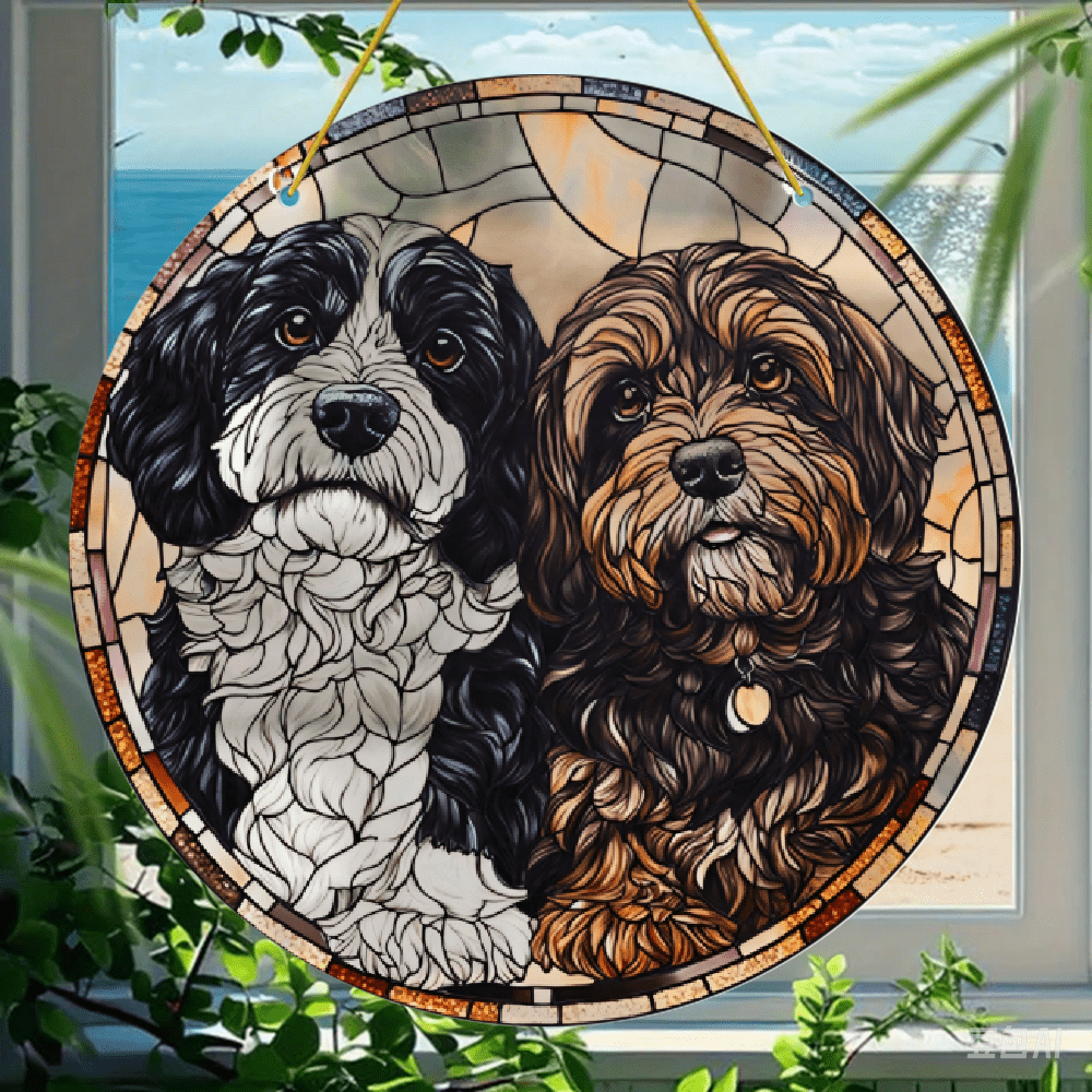 Acrylic Round Hanging Ornament 8 Inch, Two Fluffy Dogs Stained Glass ...