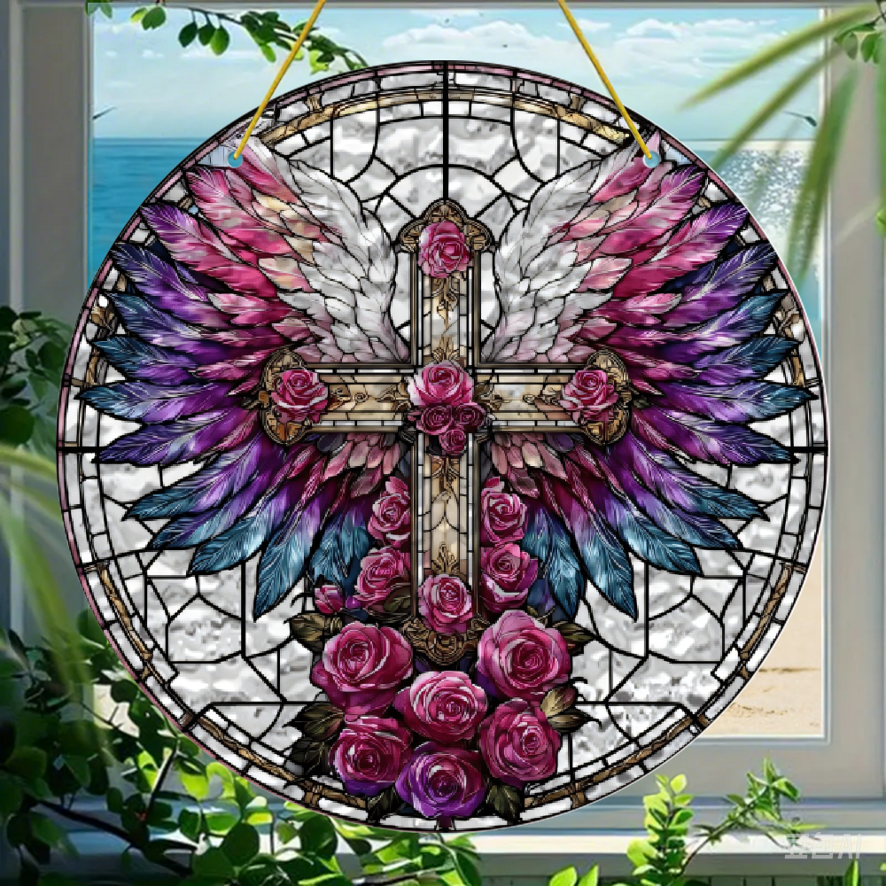 Acrylic Round Hanging Ornament 8x8 Inch, Angel Wing Cross Rose Floral ...