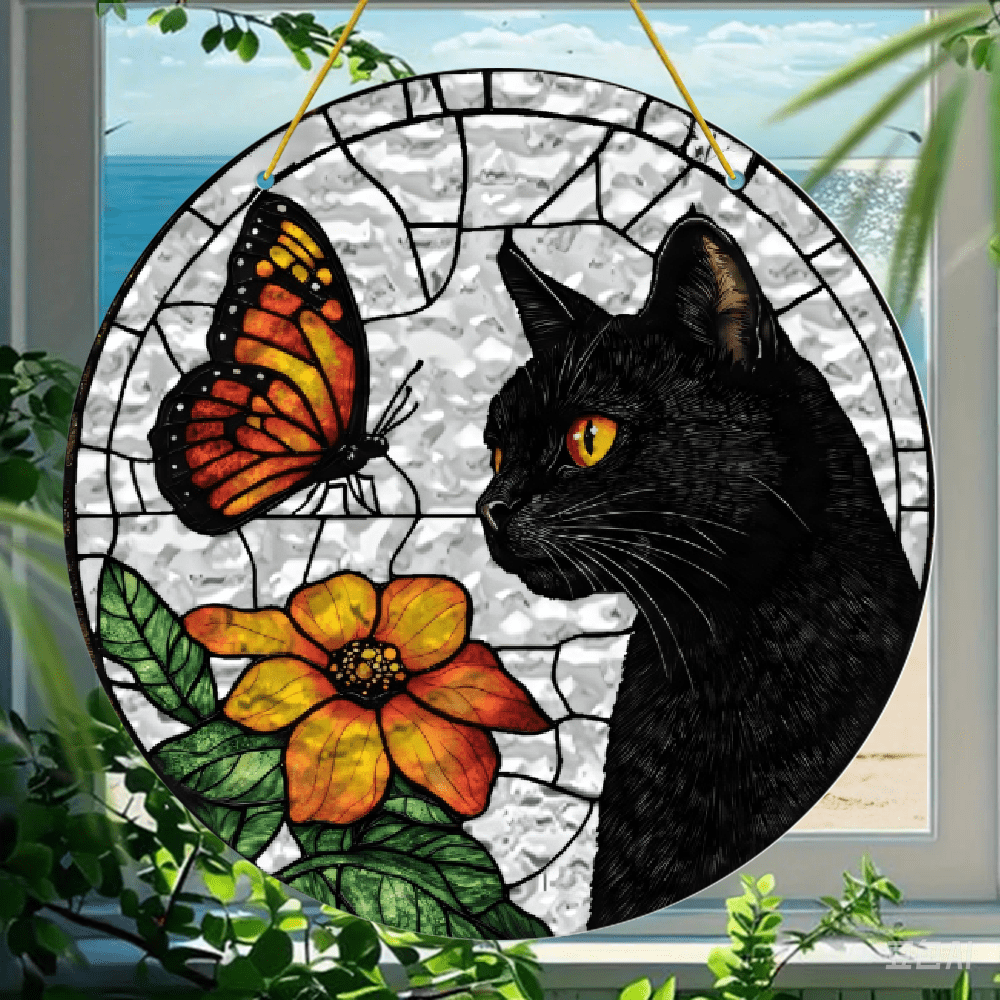 Acrylic Round Hanging Ornament 8x8 Inch, Black Cat and Butterfly ...