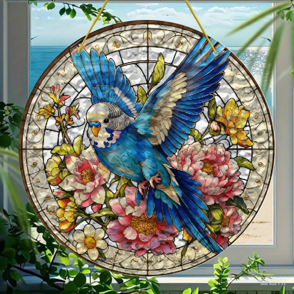 Acrylic Round Hanging Ornament 8x8 Inch, Blue Parakeet and Flower ...