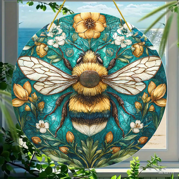 Acrylic Round Hanging Ornament 8x8 Inch, Bumblebee Floral Stained Glass ...