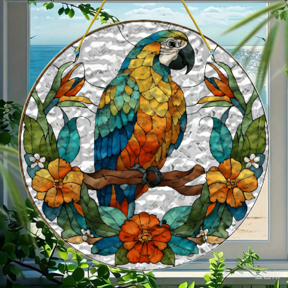 Acrylic Round Hanging Ornament 8x8 Inch, Colorful Macaw Parrot Floral ...