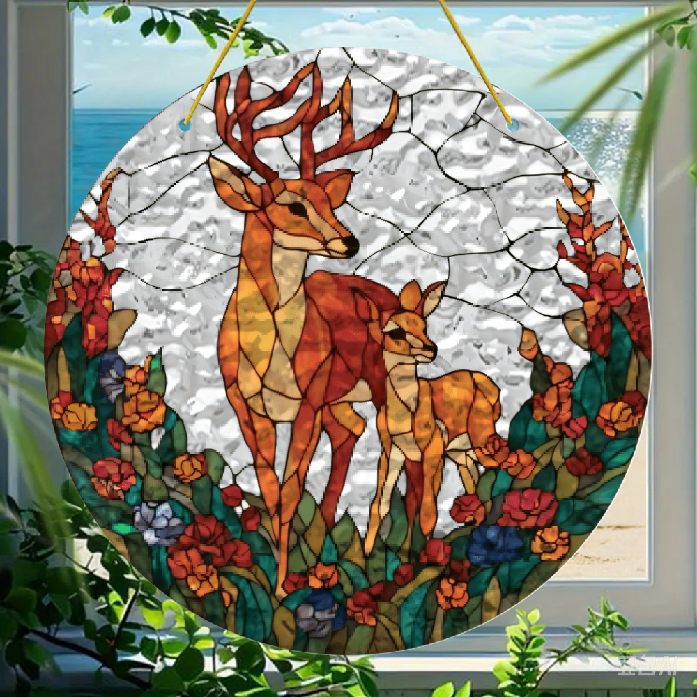 Acrylic Round Hanging Ornament 8x8 Inch, Deer and Fawn Stained Glass ...