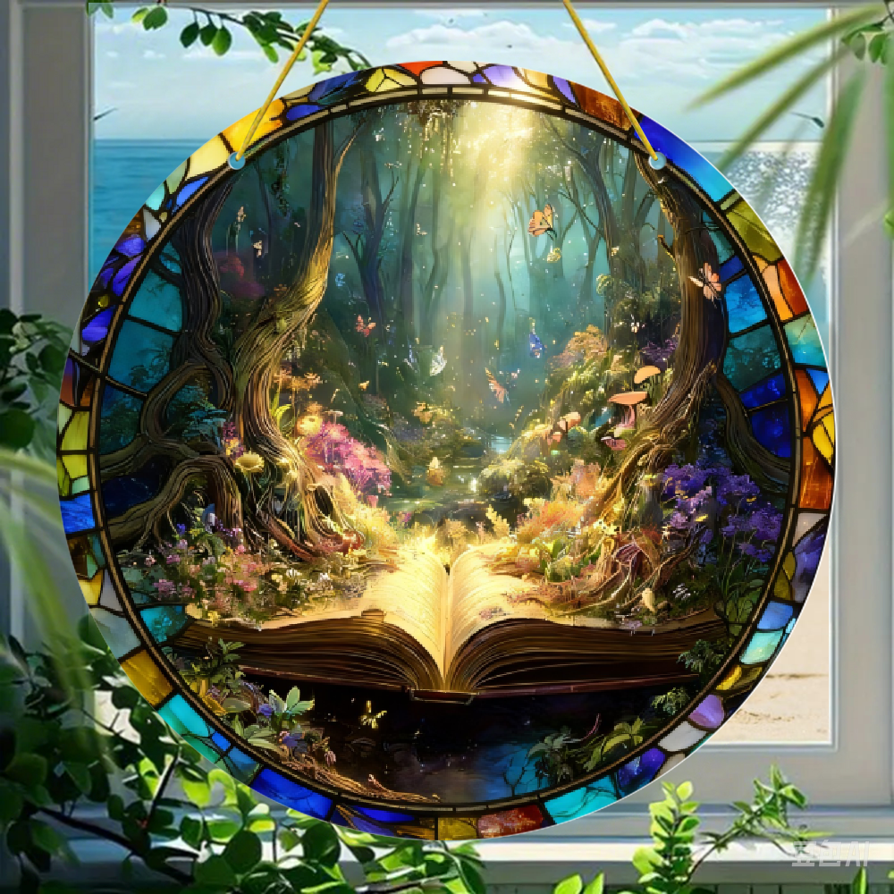 Acrylic Round Hanging Ornament 8x8 Inch, Fantasy Magical Forest Book ...