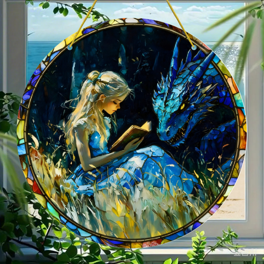 Acrylic Round Hanging Ornament 8x8 Inch, Fantasy Stained Glass Dragon ...