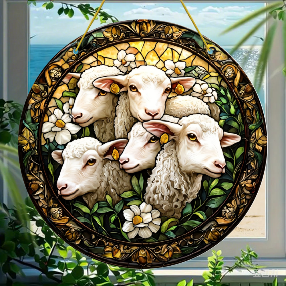 Acrylic Round Hanging Ornament 8x8 Inch, Five White Sheep Floral ...
