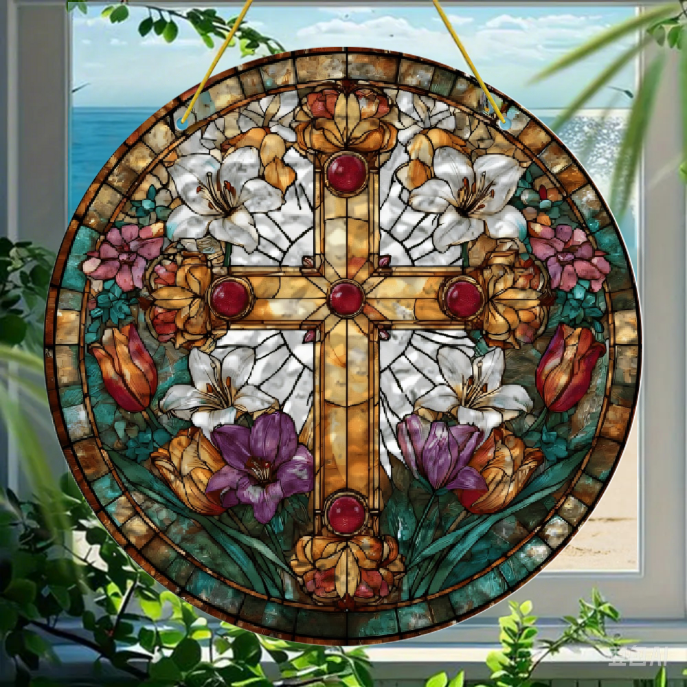 Acrylic Round Hanging Ornament 8x8 Inch, Floral Cross Stained Glass ...