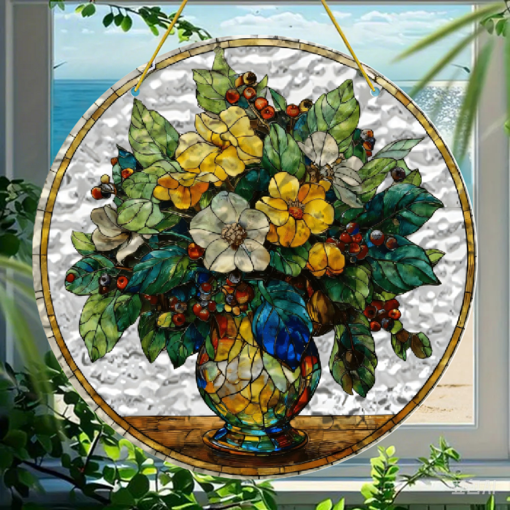 Acrylic Round Hanging Ornament 8x8 Inch, Floral Stained Glass Style ...