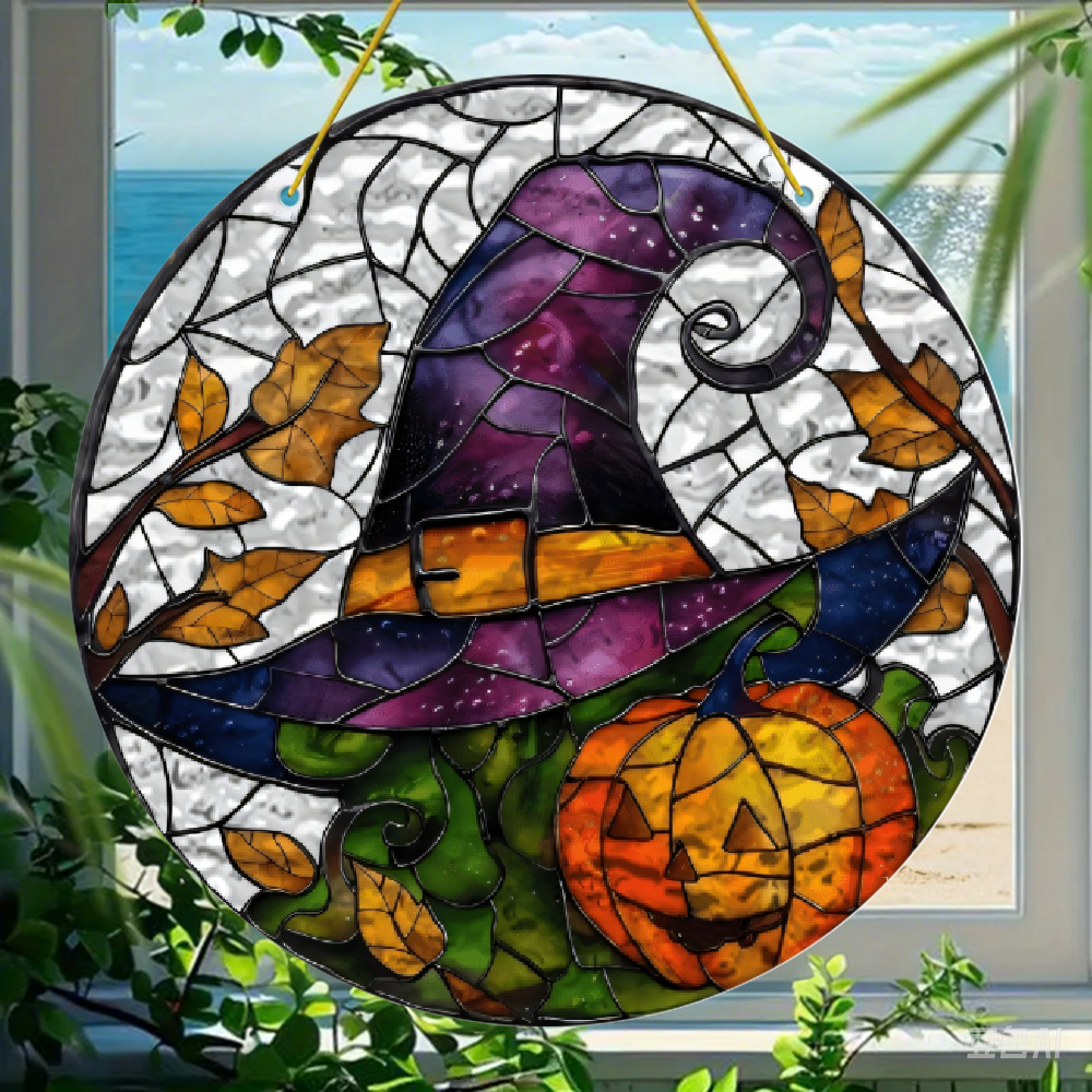 Acrylic Round Hanging Ornament 8x8 Inch, Halloween Witch Hat Jack O ...
