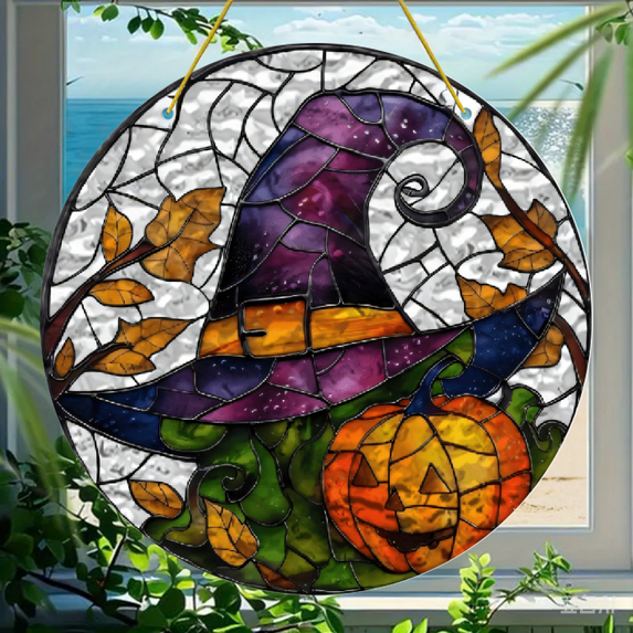 Acrylic Round Hanging Ornament 8x8 Inch, Halloween Witch Hat Jack O ...