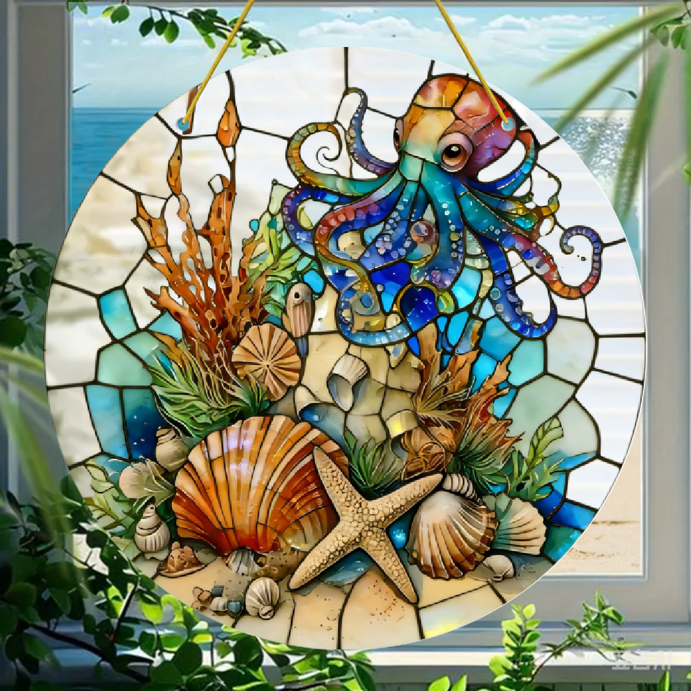 Acrylic Round Hanging Ornament 8x8 Inch, Stained Glass Octopus ...