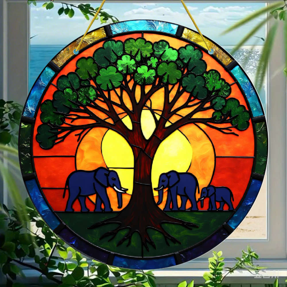 Acrylic Round Hanging Ornament 8x8 Inch, Tree of Life with Elephants ...