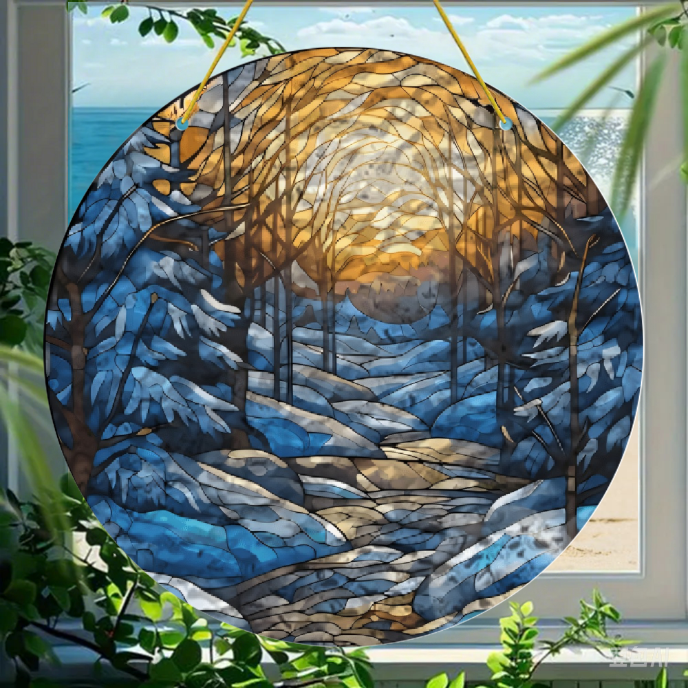 Acrylic Round Hanging Ornament 8x8 Inch, Winter Forest Stained Glass ...