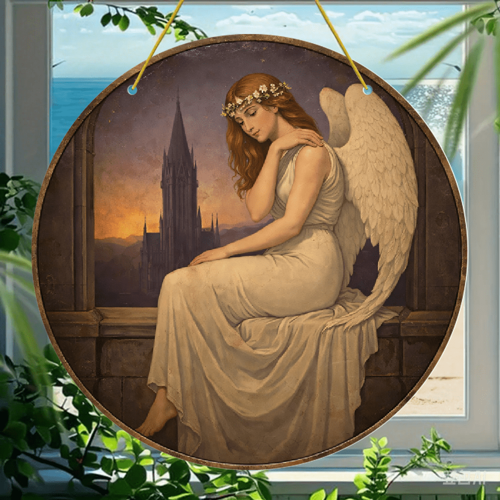 Acrylic Round Hanging Ornament, Angel and Gothic Cathedral Art Design ...