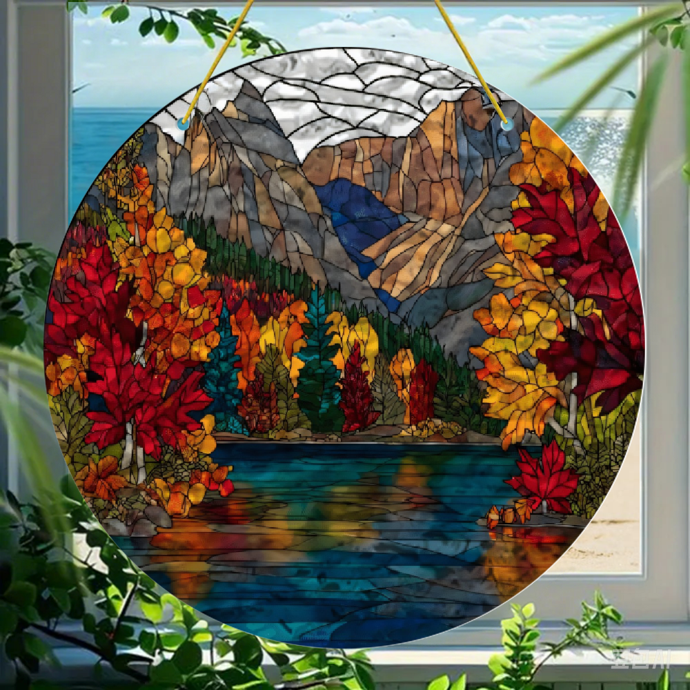 Acrylic Round Hanging Ornament Autumn Landscape Stained Glass Style 1 ...