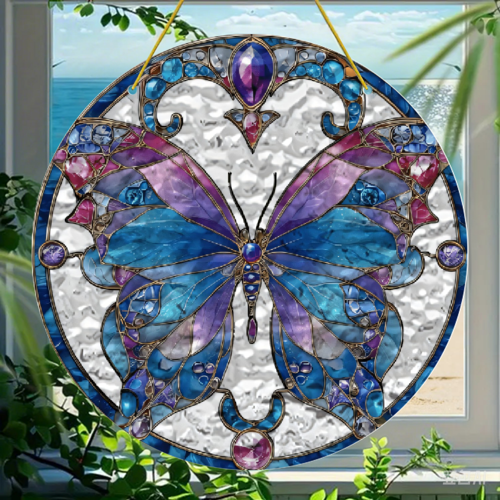 Acrylic Round Hanging Ornament Butterfly Stained Glass Design, Blue ...
