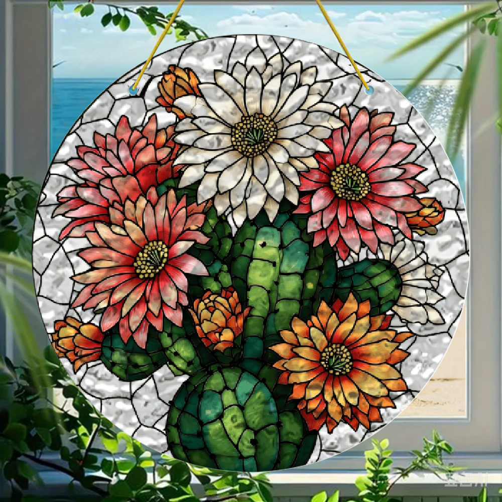 Acrylic Round Hanging Ornament, Cactus Floral Stained Glass Style ...