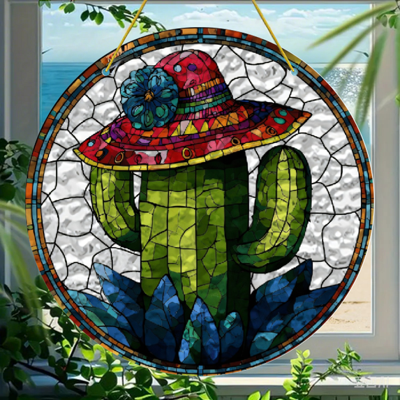 Acrylic Round Hanging Ornament Cactus Stained Glass Style, Colorful ...