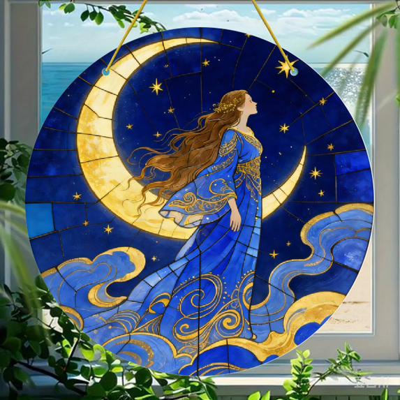 Acrylic Round Hanging Ornament Celestial Woman Moon and Stars Stained ...