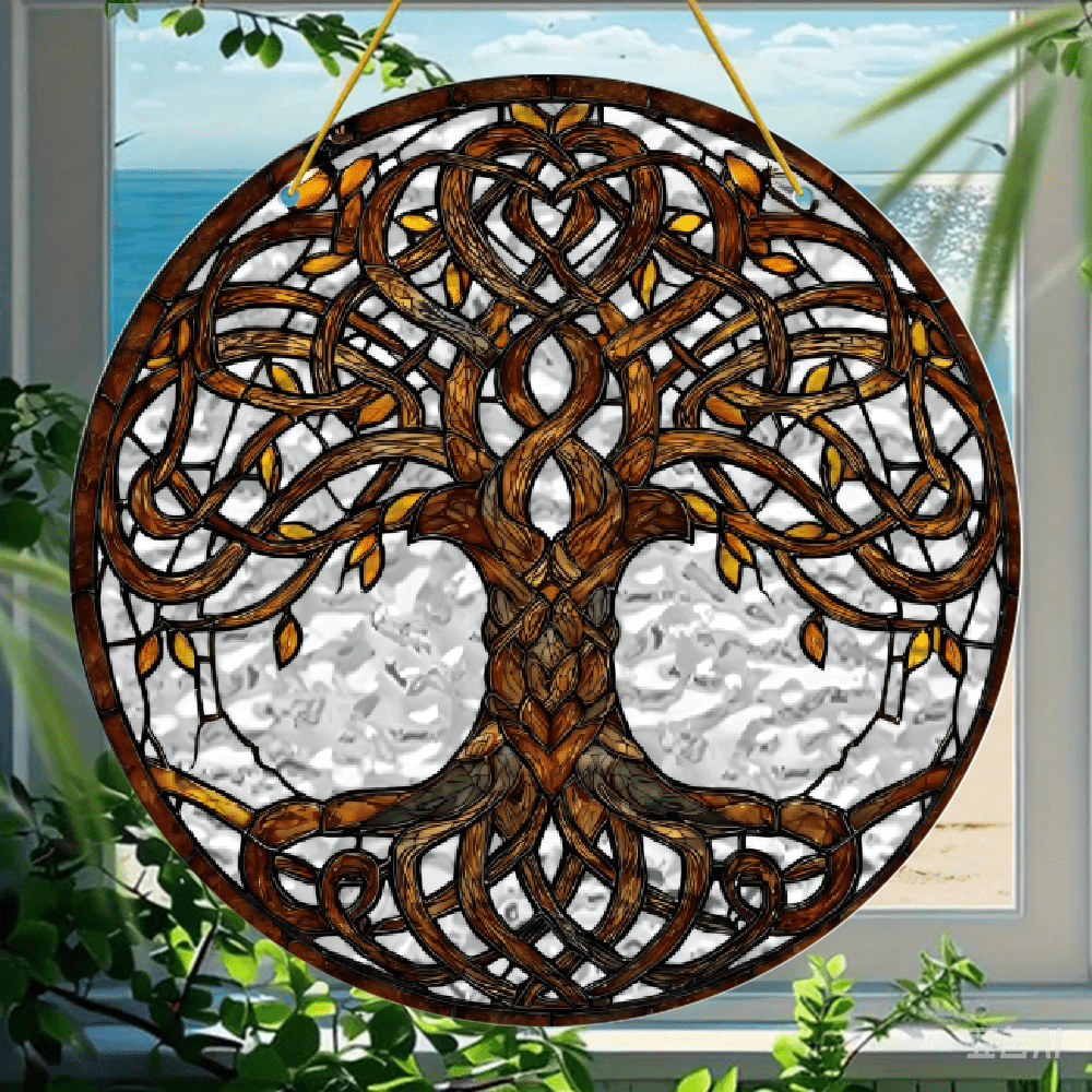 Acrylic Round Hanging Ornament Celtic Tree Knot Design Brown and Gold 1 ...
