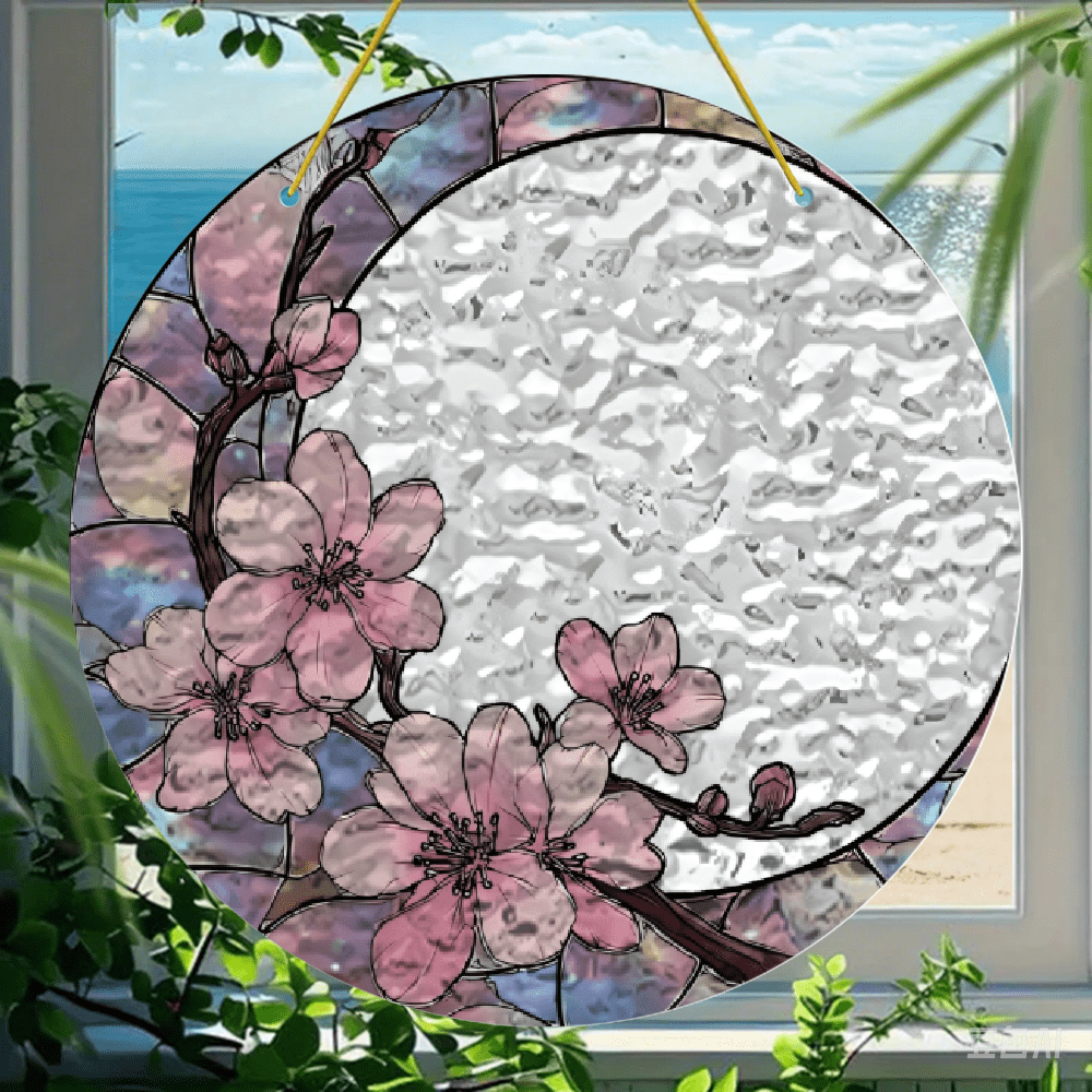 Acrylic Round Hanging Ornament, Cherry Blossom Stained Glass Design ...