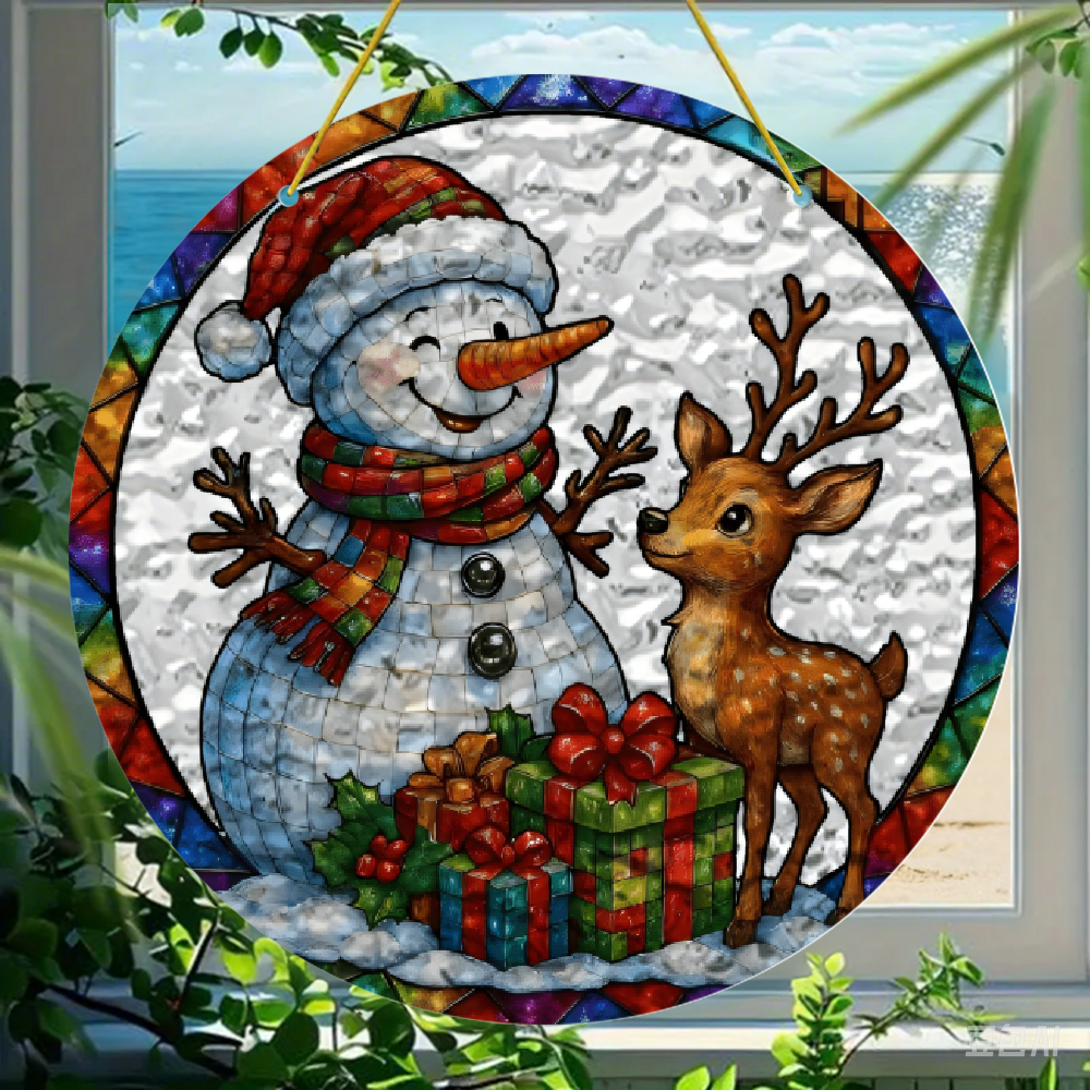 Acrylic Round Hanging Ornament Christmas Snowman and Deer Design 1 Pack ...