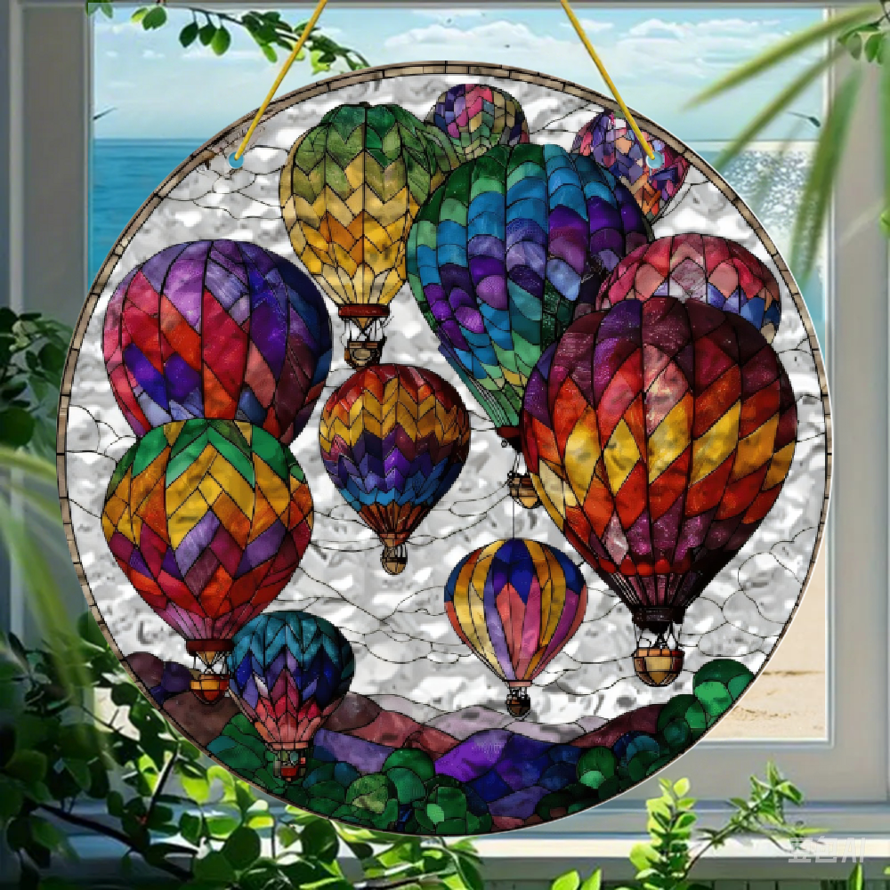 Acrylic Round Hanging Ornament, Colorful Stained Glass Hot Air Balloons ...