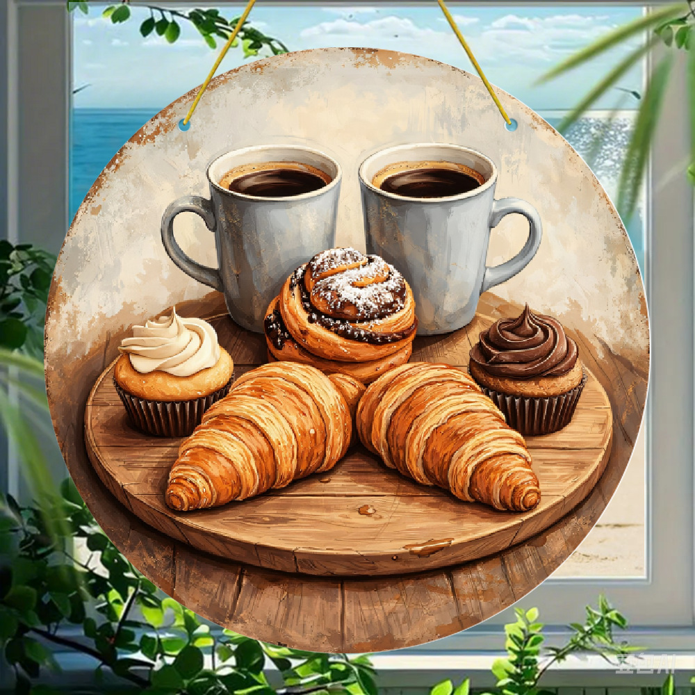 Acrylic Round Hanging Ornament, Cozy Coffee and Pastries Illustration ...