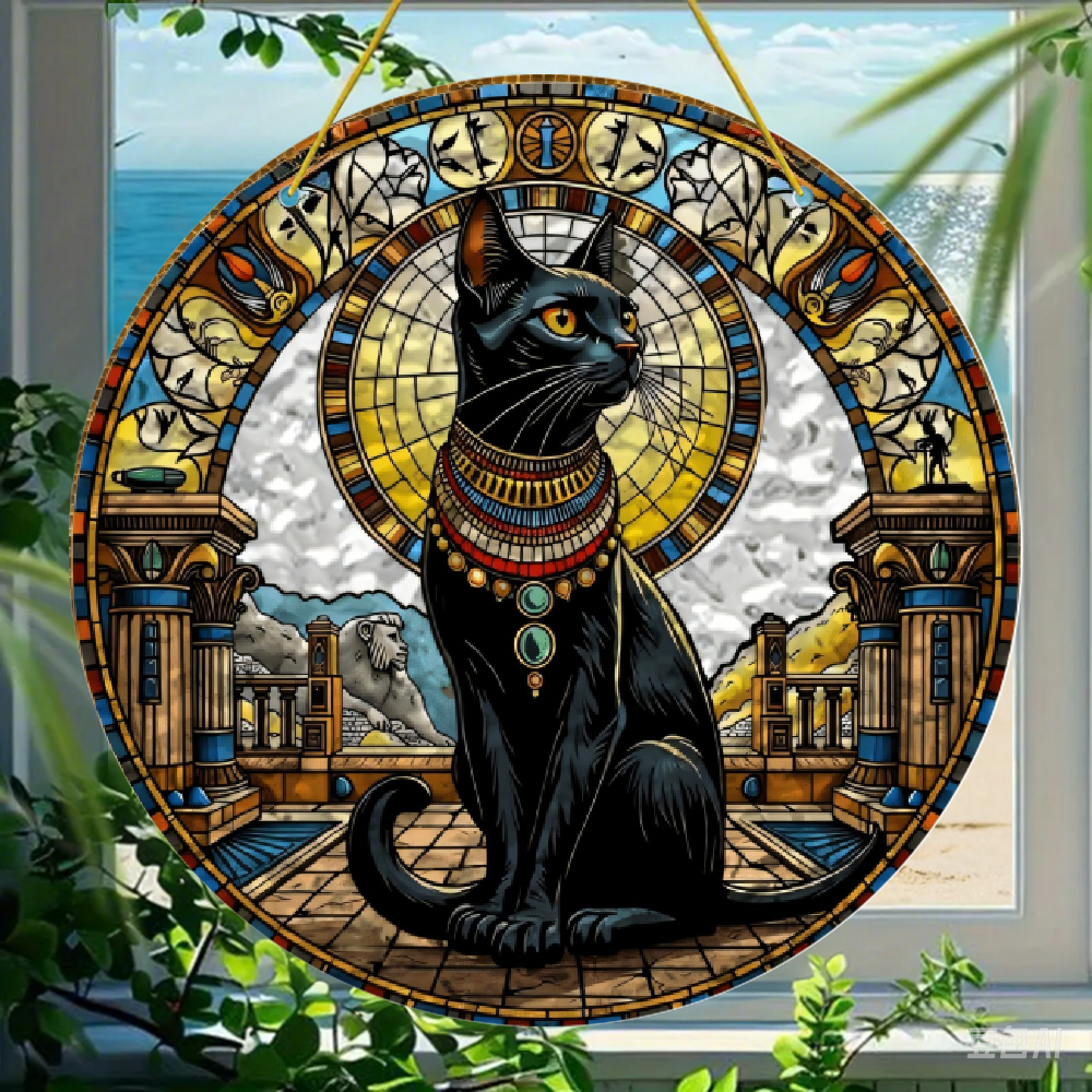Acrylic Round Hanging Ornament, Egyptian Black Cat Stained Glass Design ...