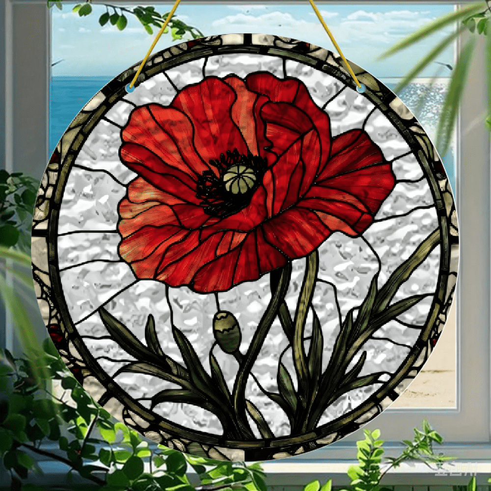 Acrylic Round Hanging Ornament Floral Poppy Stained Glass Style, Round ...