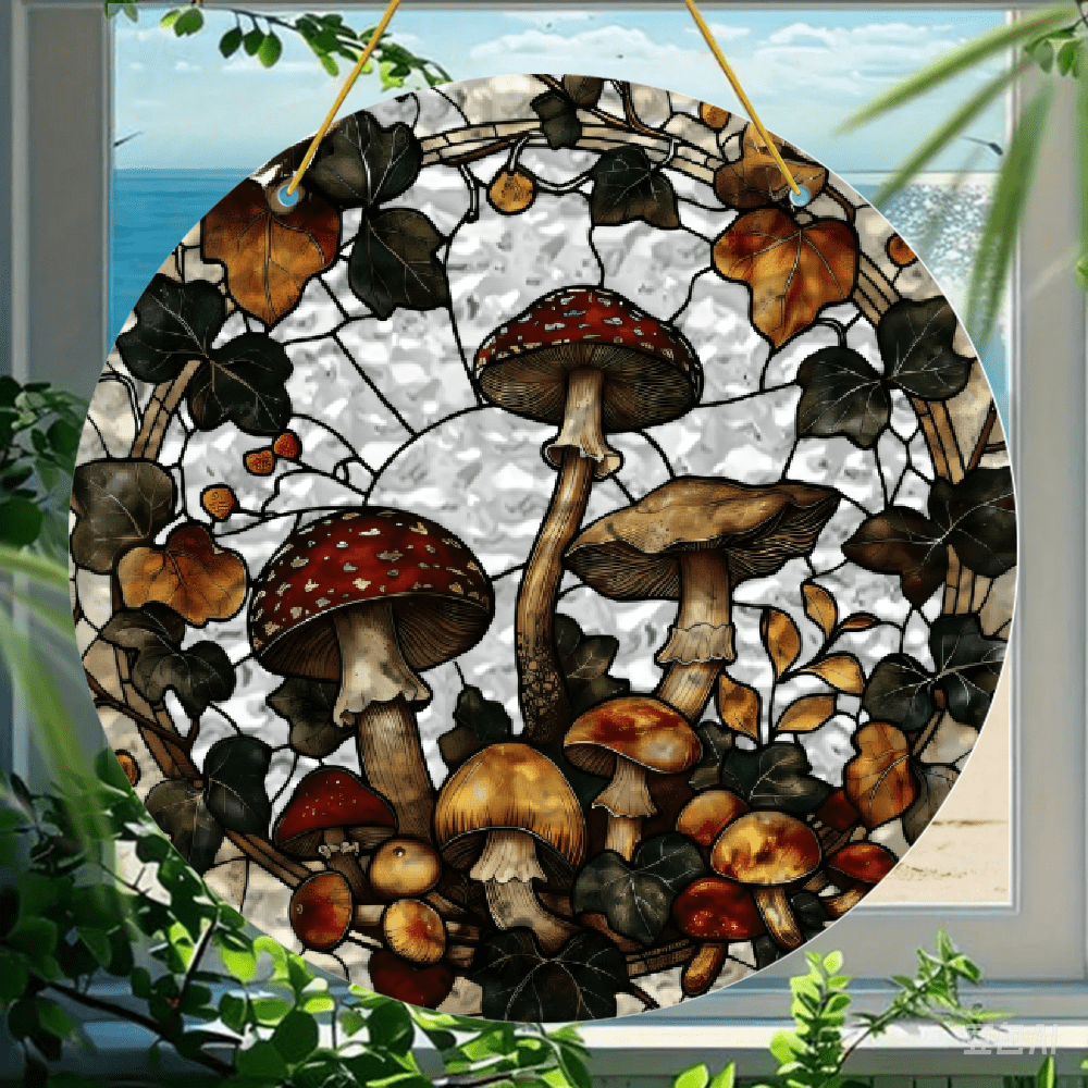 Acrylic Round Hanging Ornament Forest Mushroom Stained Glass Style ...