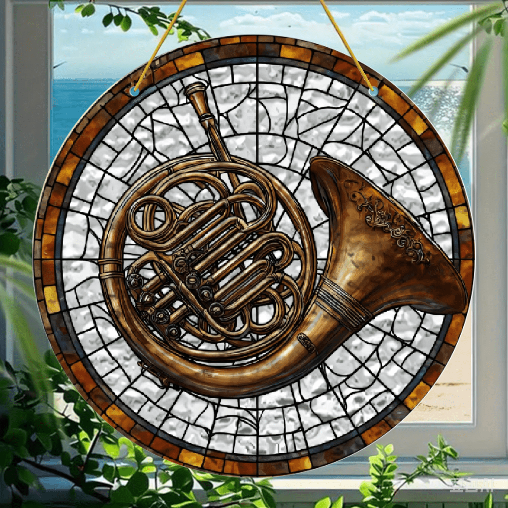 Acrylic Round Hanging Ornament French Horn Stained Glass Style Floral ...