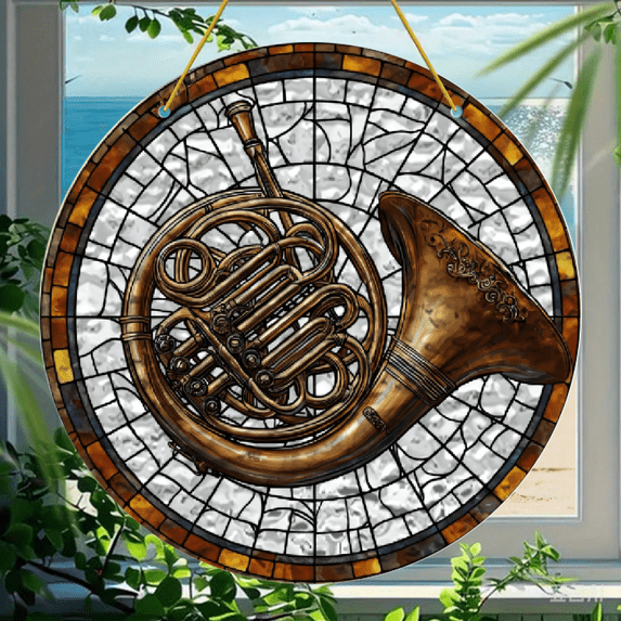 Acrylic Round Hanging Ornament French Horn Stained Glass Style Floral ...