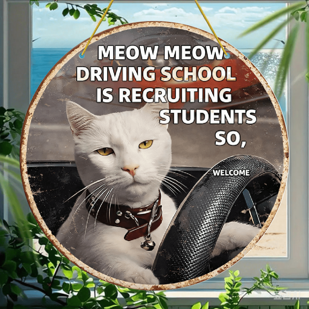 Acrylic Round Hanging Ornament, Funny Cat Driving School Design ...