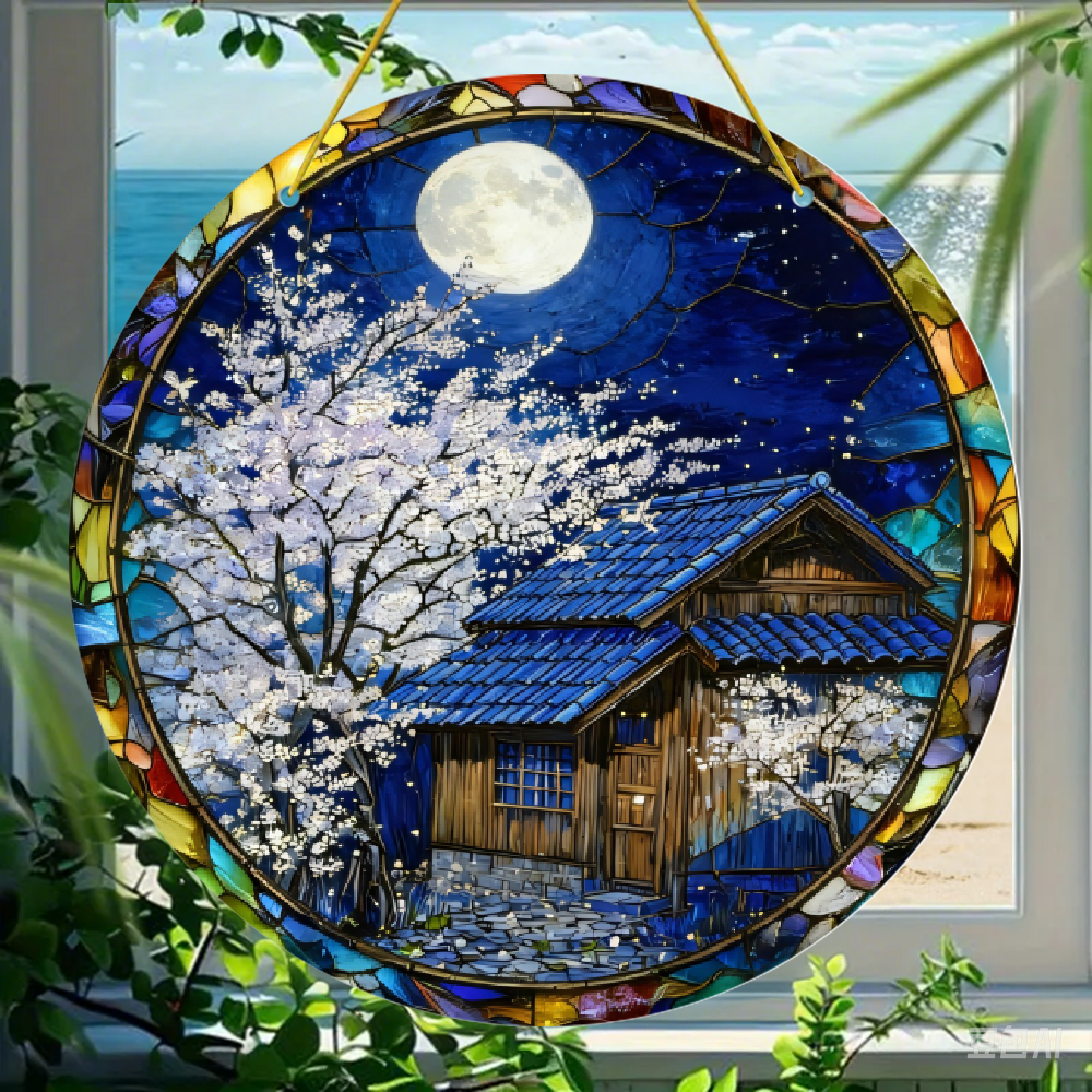Acrylic Round Hanging Ornament Japanese Night Scene Cherry Blossom Moon ...