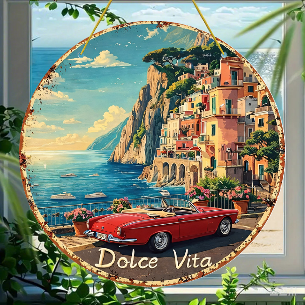 Acrylic Round Hanging Ornament, Mediterranean Coastal Town Dolce Vita ...