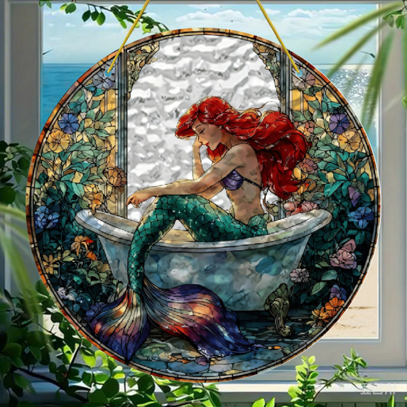Acrylic Round Hanging Ornament Mermaid Floral Stained Glass Design 1 ...