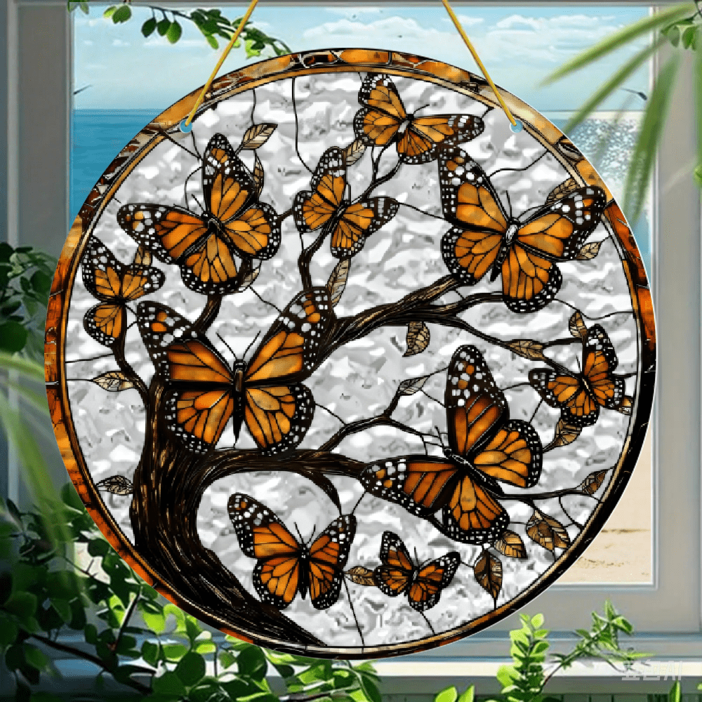 Acrylic Round Hanging Ornament, Monarch Butterfly Tree Stained Glass ...