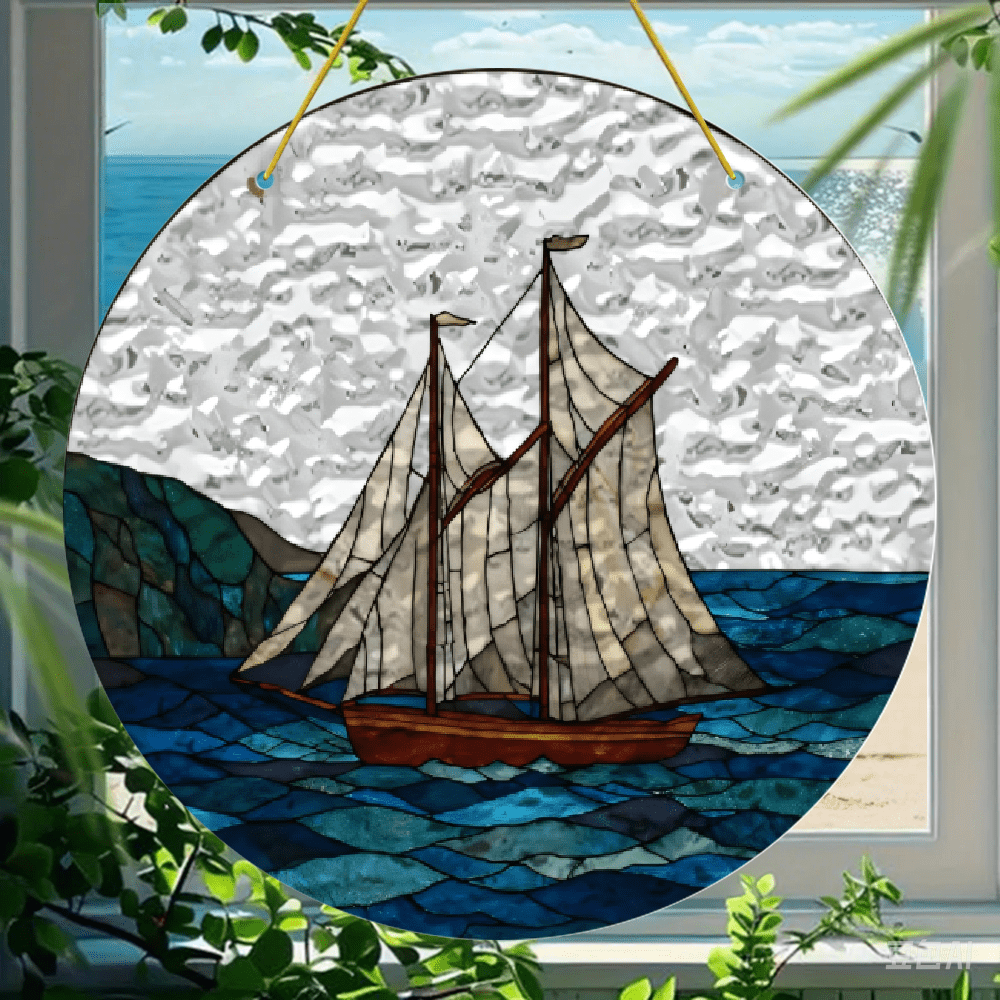 Acrylic Round Hanging Ornament Sailing Ship Stained Glass Design 1 Pack ...