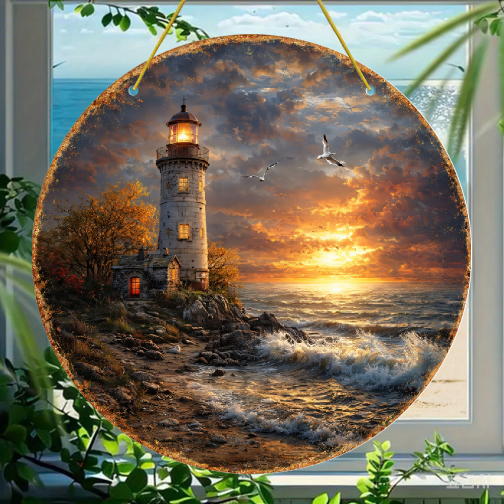Acrylic Round Hanging Ornament, Scenic Lighthouse Sunset Coastal ...