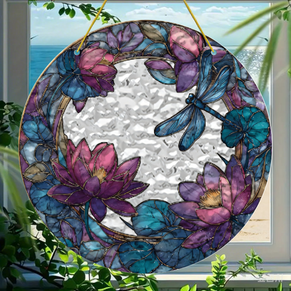 Acrylic Round Hanging Ornament Stained Glass Floral Dragonfly Design 1 ...