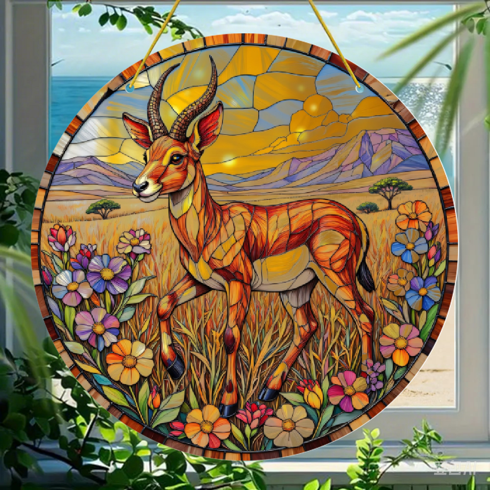 Acrylic Round Hanging Ornament, Stained Glass Style Antelope Floral ...
