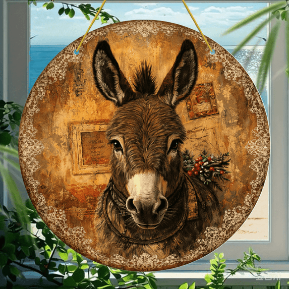 Acrylic Round Hanging Ornament, Vintage Donkey Portrait with Holly ...