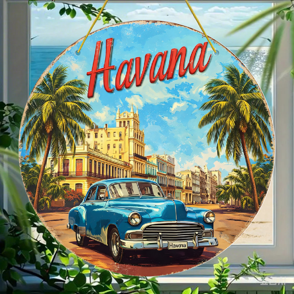 Acrylic Round Hanging Ornament, Vintage Havana Classic Car Illustration ...