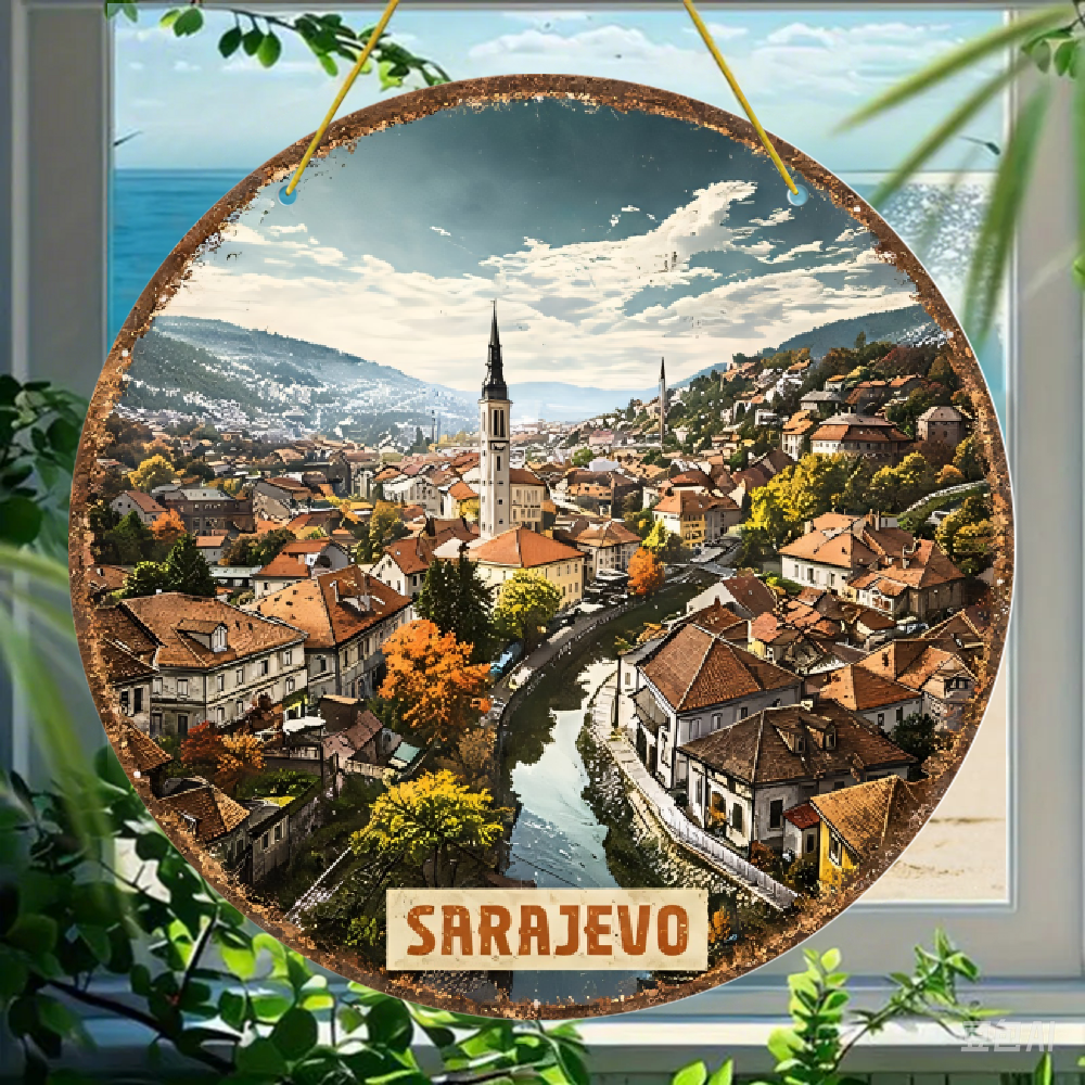 Acrylic Round Hanging Ornament, Vintage Sarajevo Cityscape Landscape ...